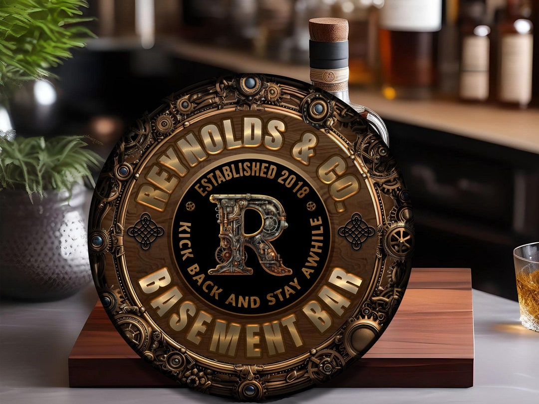 Personalized Steampunk Basement Bar Sign | Round Metal Basement Bar ...