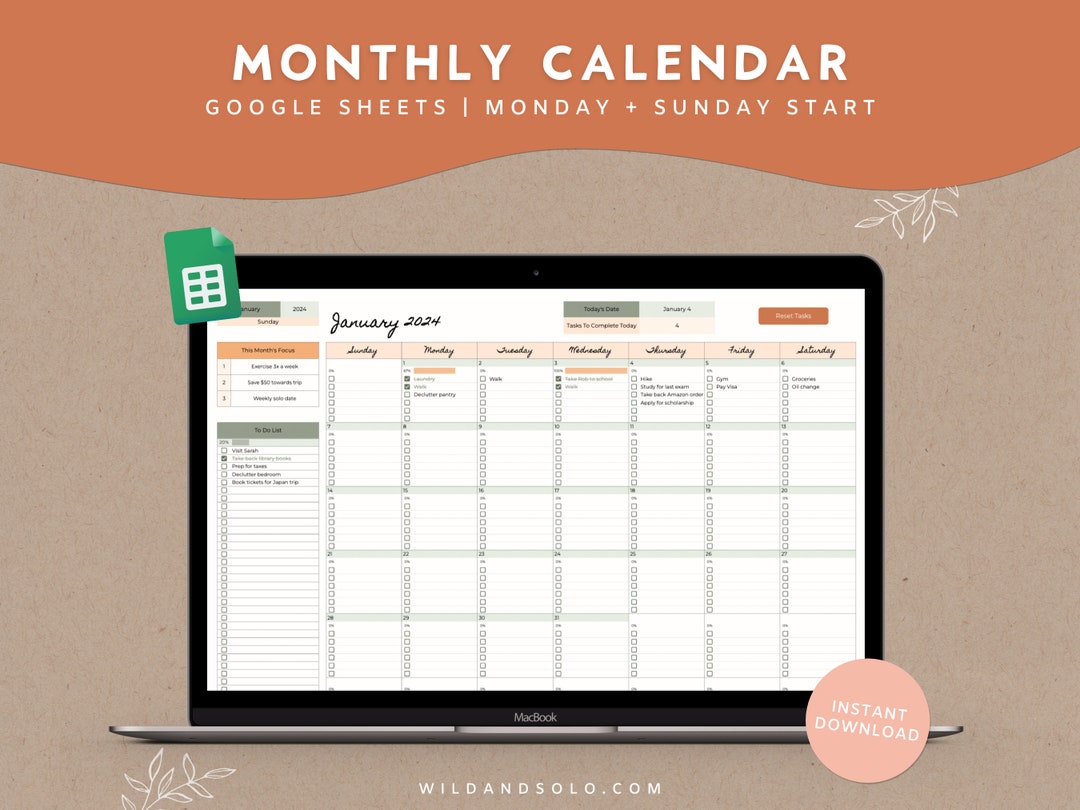 Google Sheets Planner, Monthly Calendar for Google Sheets, Spreadsheet ...