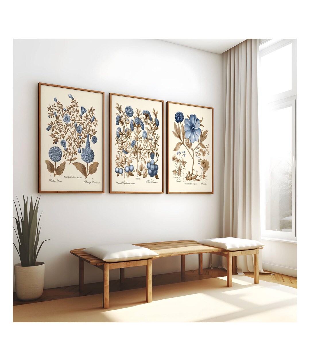 Botanical Art Print Set - Sepia & Blue Vintage Floral Art. - Etsy