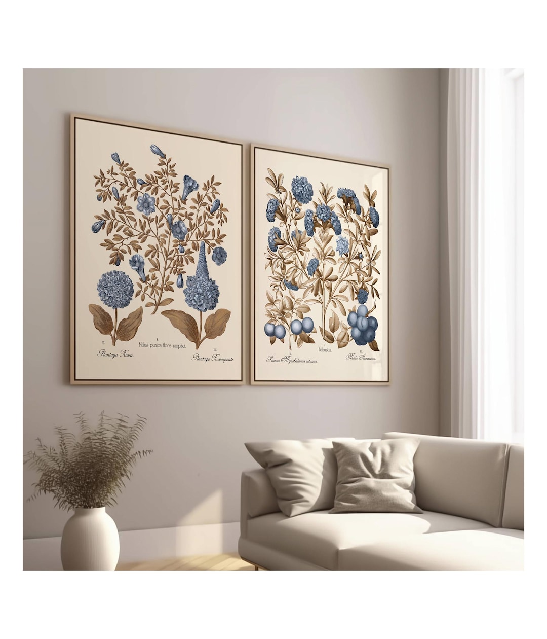 Sepia & Blue Botanical Art Print Set - Set of 2 - Restored Vintage ...