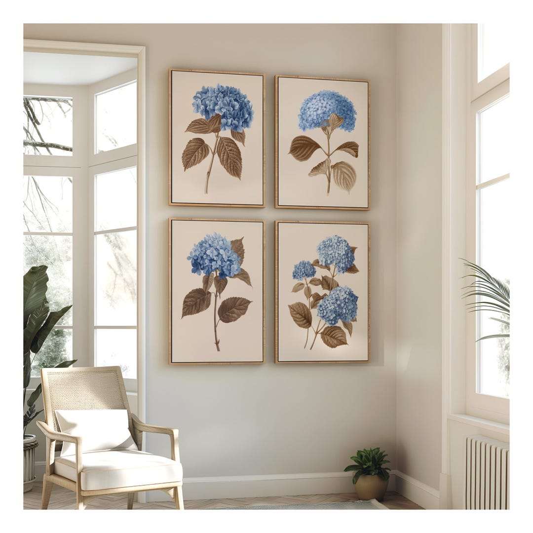 Blue Hydrangea Prints. Set of Four Vintage, Restored, Sepia/blue ...