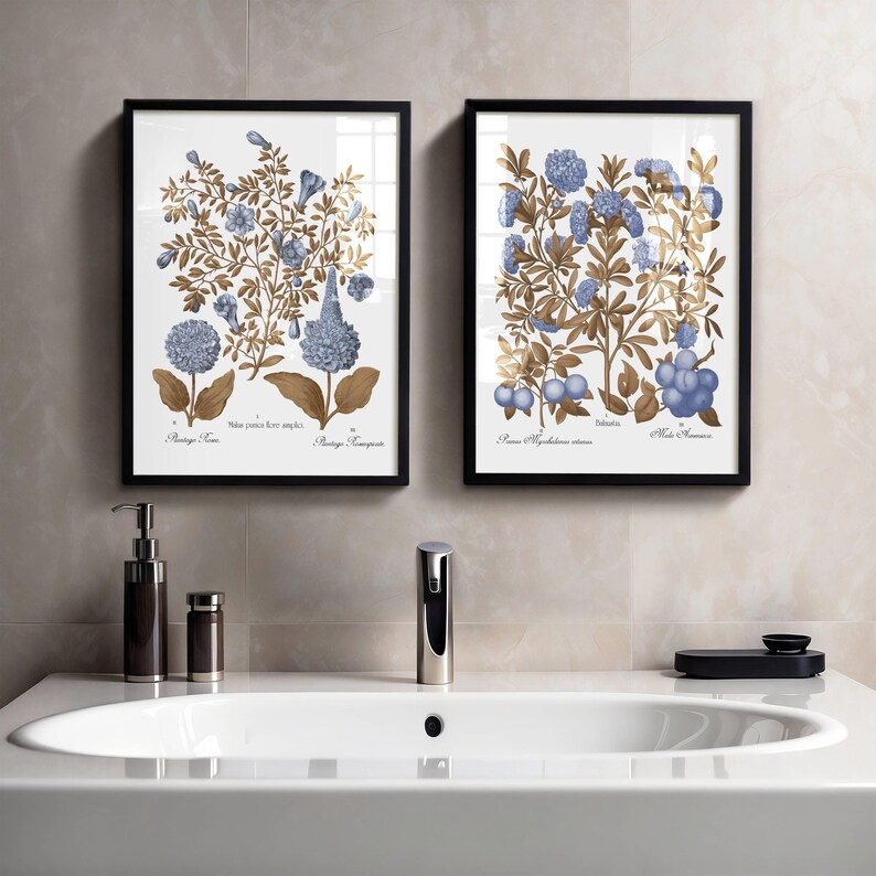 Sepia & Blue Botanical Art Print Set - Set of 2 - Restored Vintage ...