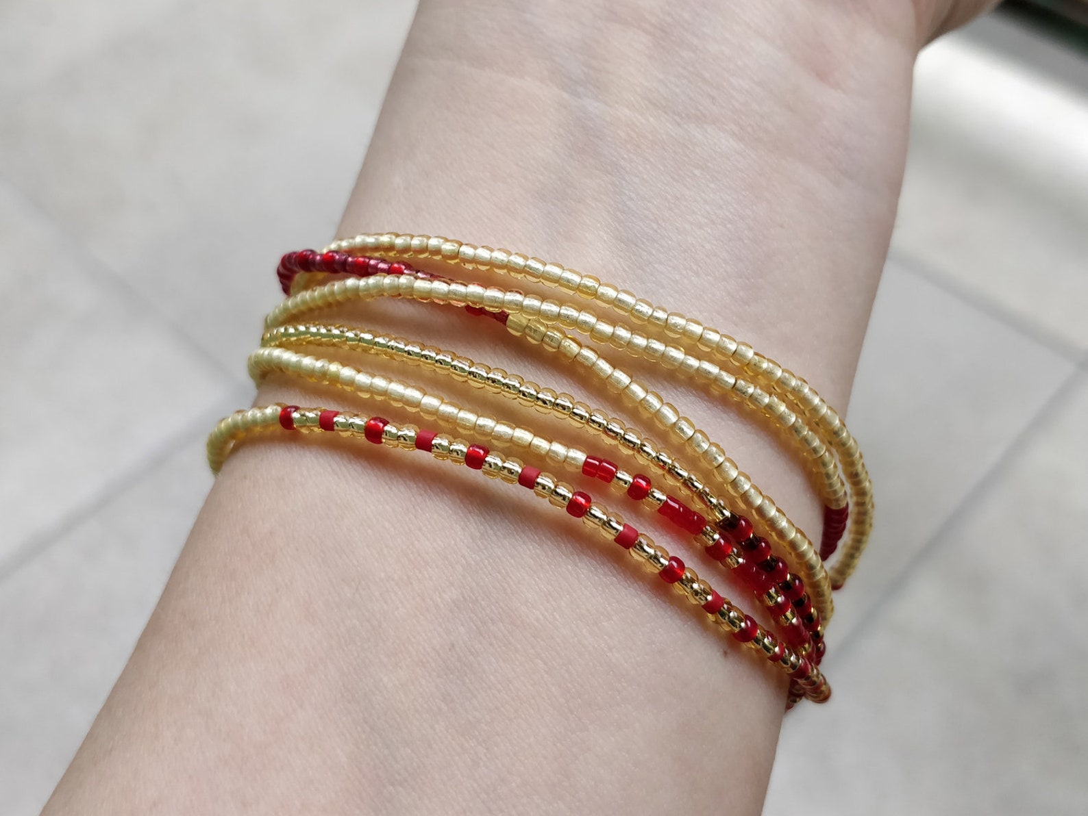 Red & Gold Beaded Wrap Stretch Strand Wear as Bracelet - Etsy