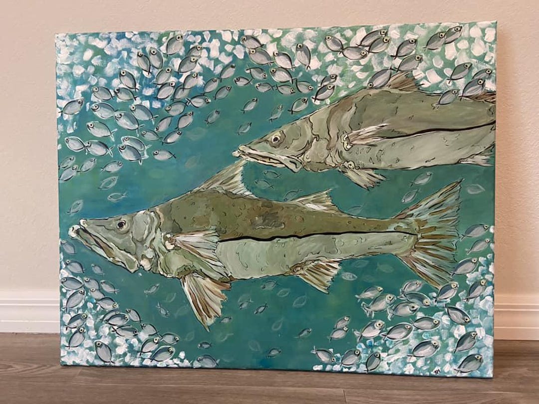 Snook Hunting in a School of Bait. Acrylic Painting on Stretched Canvas ...
