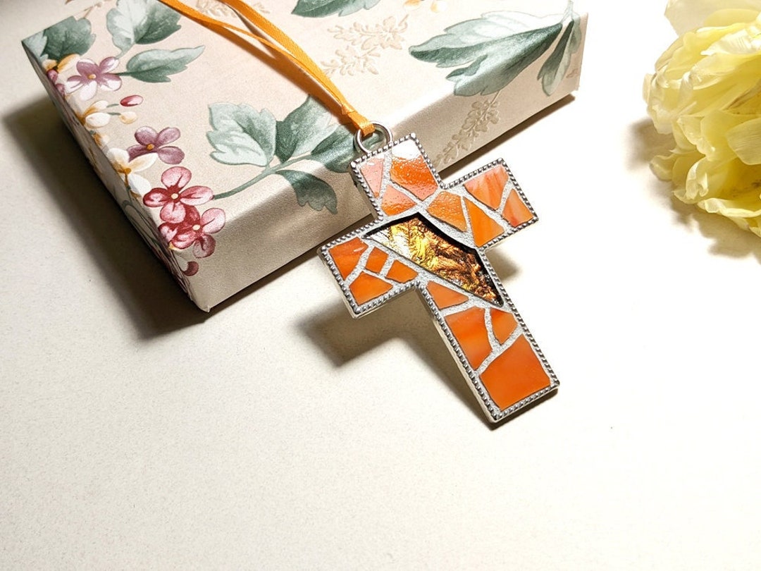 Mosaic Cross Ornament, Orange Glass Cross Pendant, Charm Cross - Etsy