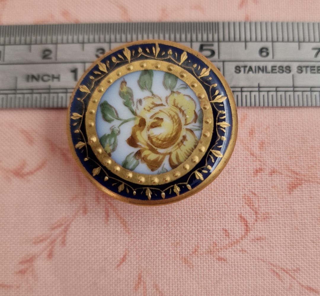 A Pretty Gilded Continental Porcelain Button With Yellow Rose. 2.5cm or ...