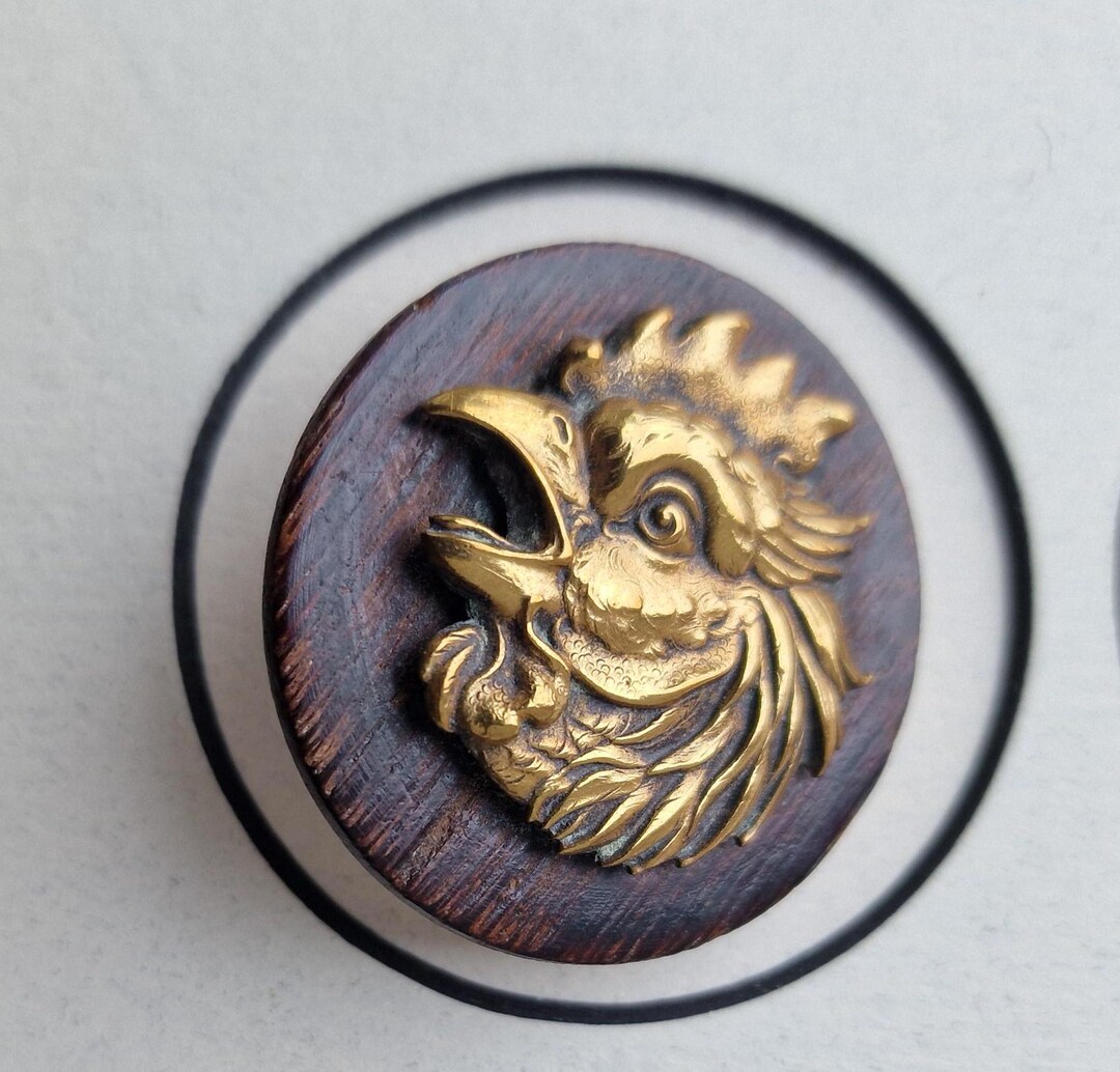 A Handsome Wooden Button With Rooster Brass Escutcheon. Marked A P and ...
