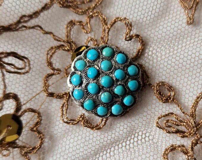 Prettiest Small Silver Metal Scallop Edge Button With Turquoise Glass ...