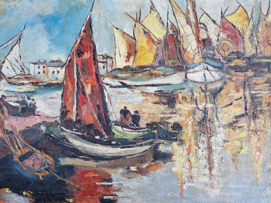 French Boat Oil Painting French Art Mid Century Oil Painting French Oil ...