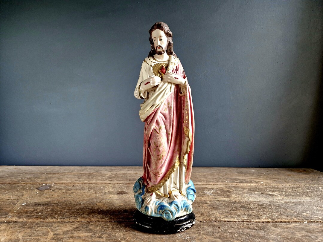 Vintage French Jesus Statue: Chalkware Sacred Heart Religious Art - Etsy