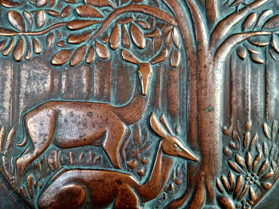 French Art Deco Copper Plaque With Stylised Deer in a Forest. Copper ...