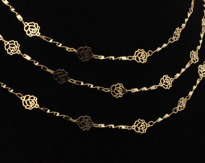 16K Gold Rose Chain Necklace Making Brass Floral Chain3 - Etsy