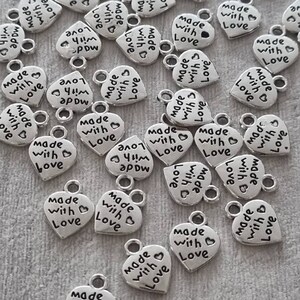 50 Made With Love Charms, Small/mini Hearts, Double Sided Silver Toned ...