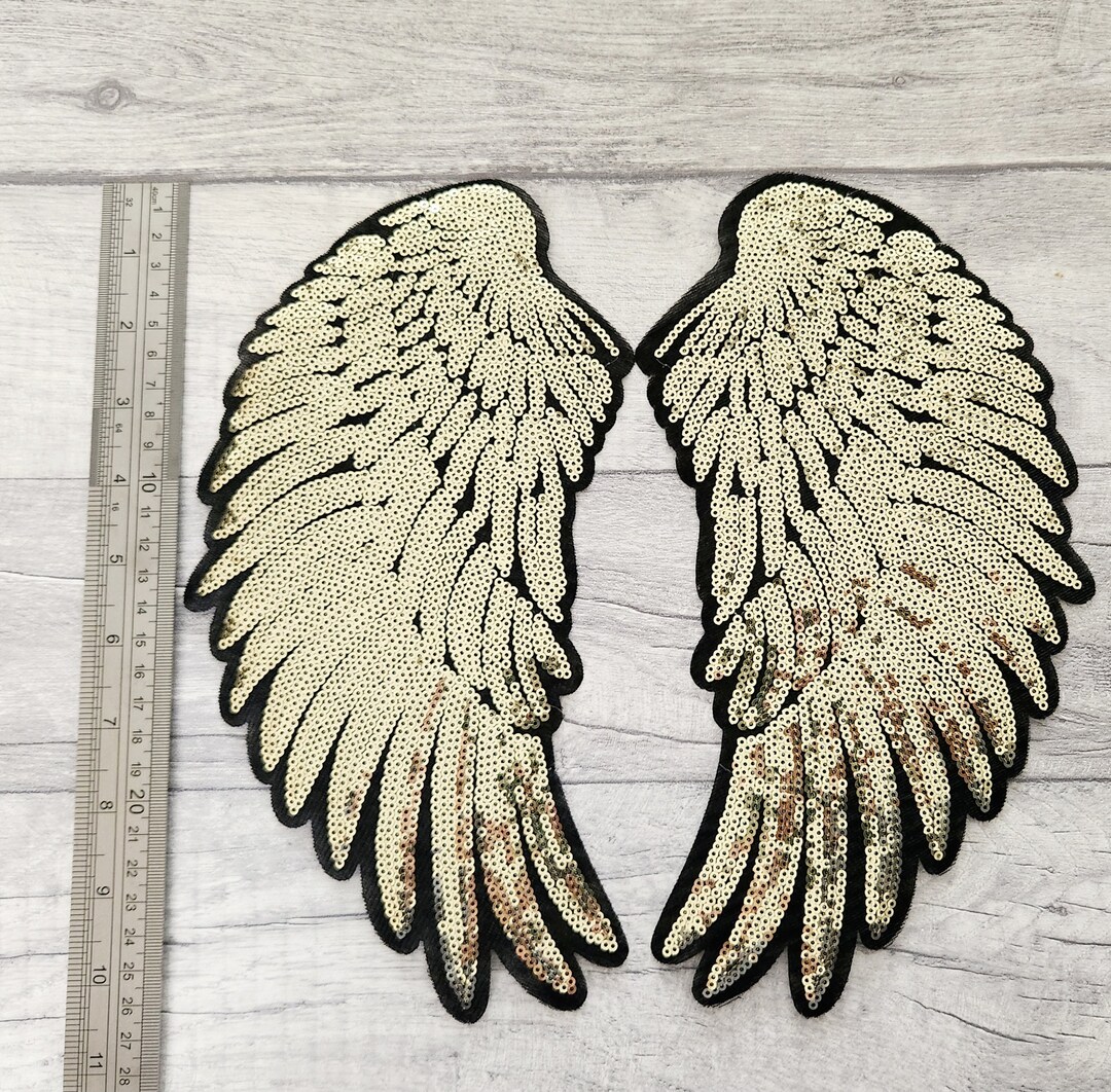 Large Light Gold Wings Iron on Patch Set, Sequin Angel Wing Sew on ...