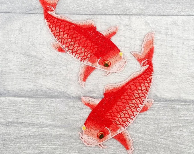 2 Koi Carp Applique Patches, Large Red Fish Sew on Patch, Fabric Embroidered Appliques ...
