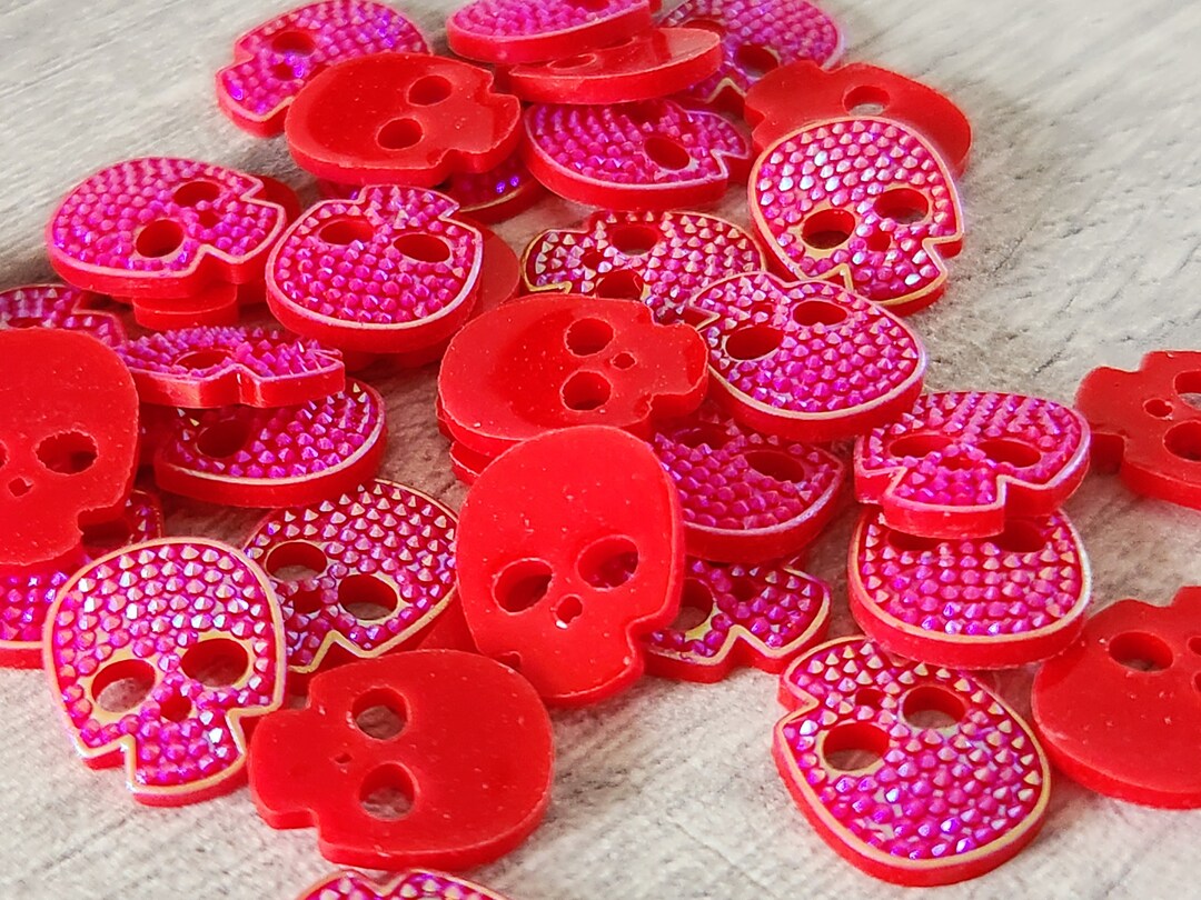 40 Red Pink Skull Buttons, Skeleton Head Skulls, Metallic Beads, Resin ...