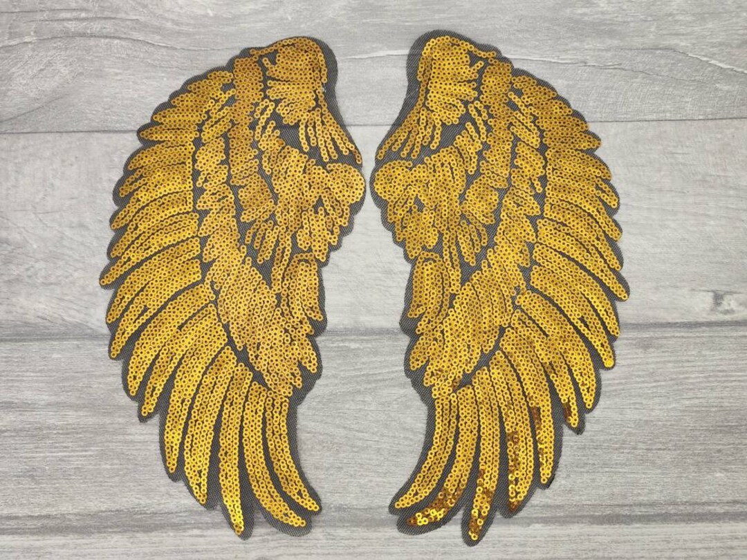 Large Gold Wings Iron on Patch Set, Sequin Angel Wing Sew on Patches ...