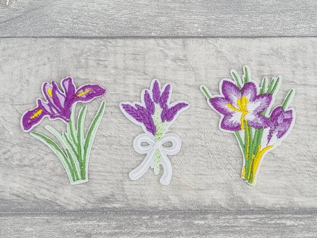 3 Purple Flowers Iron on Patches, Lavender Sew on Patch, Embroidered ...