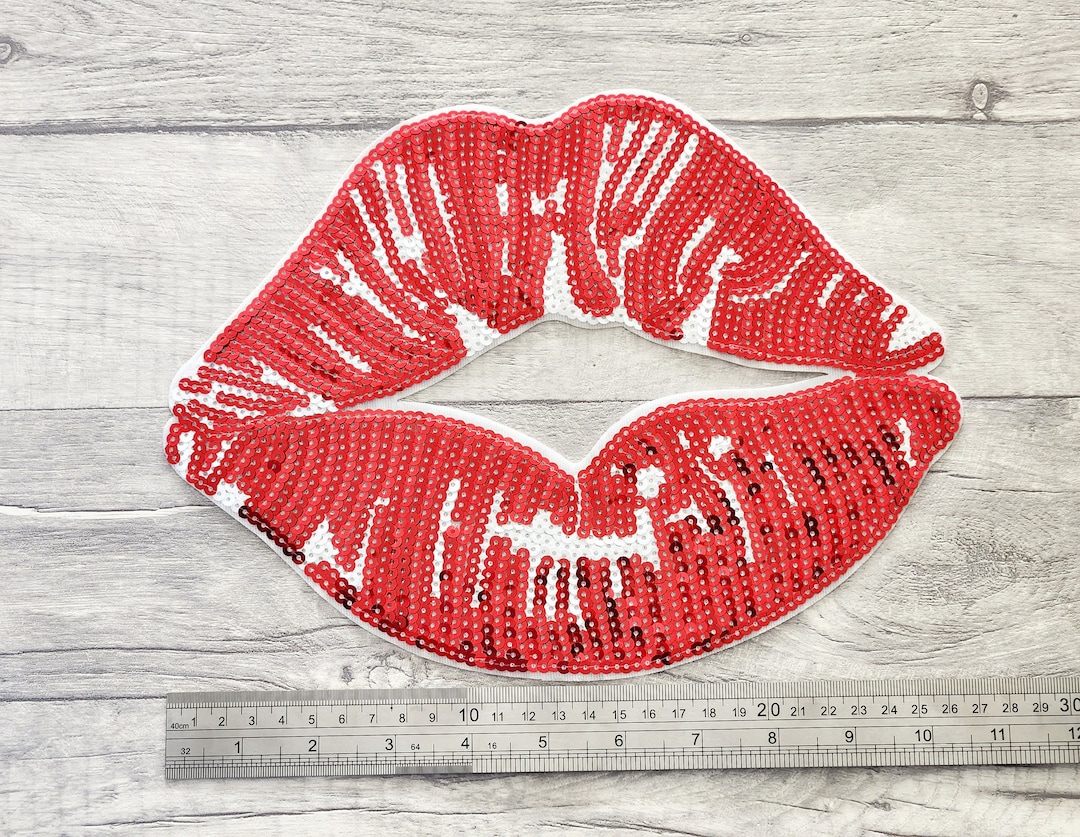 Very Large Lips Iron on Patch, Huge Red Lipstick Kiss Embroidered Motif ...