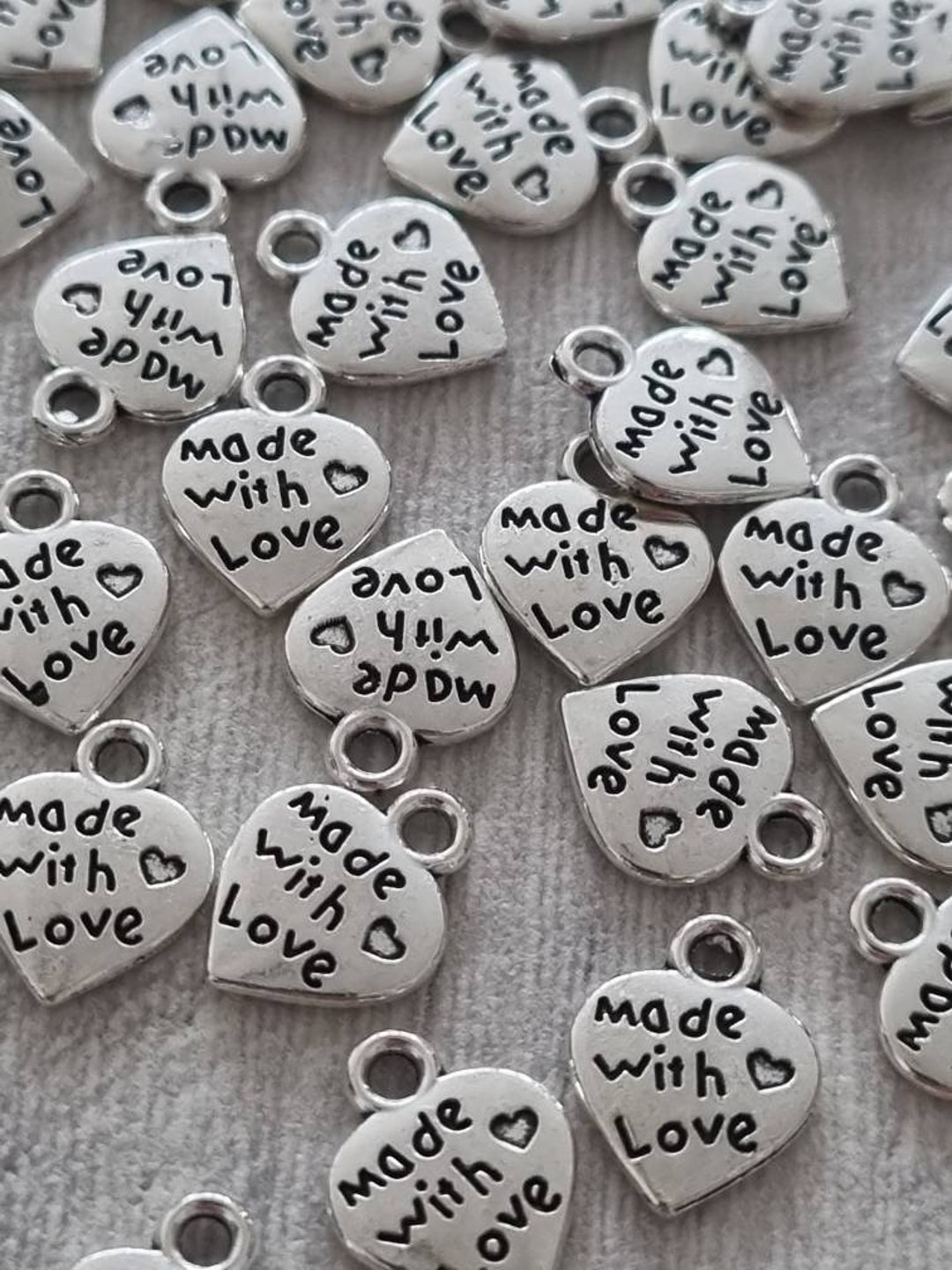 50 Made With Love Charms, Small/mini Hearts, Double Sided Silver Toned ...