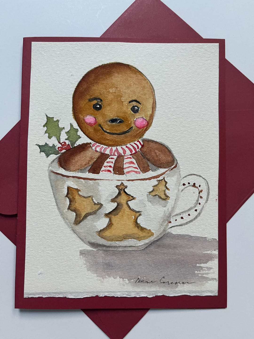 Gingerbread Joy in a Christmas Cup Greeting Card - Hand Painted ...