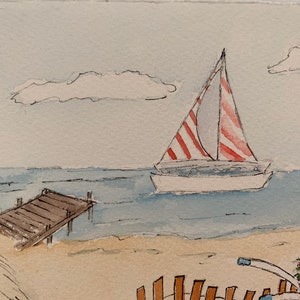 Pen and Ink Beach Scene, Watercolor Beach Wall Art, Pen and Wash Beach ...