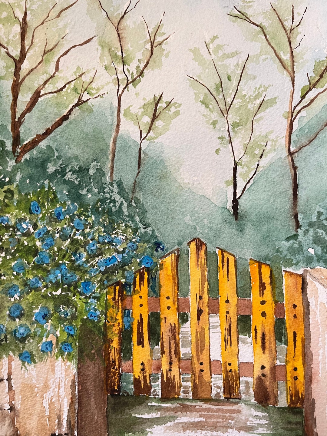 Garden Gate Watercolor Wall Art, Picket Fence Gate Watercolor Painting ...