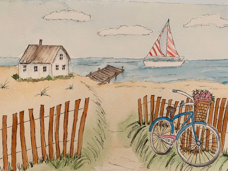 Pen and Ink Beach Scene Watercolor Beach Wall Art Pen and | Etsy