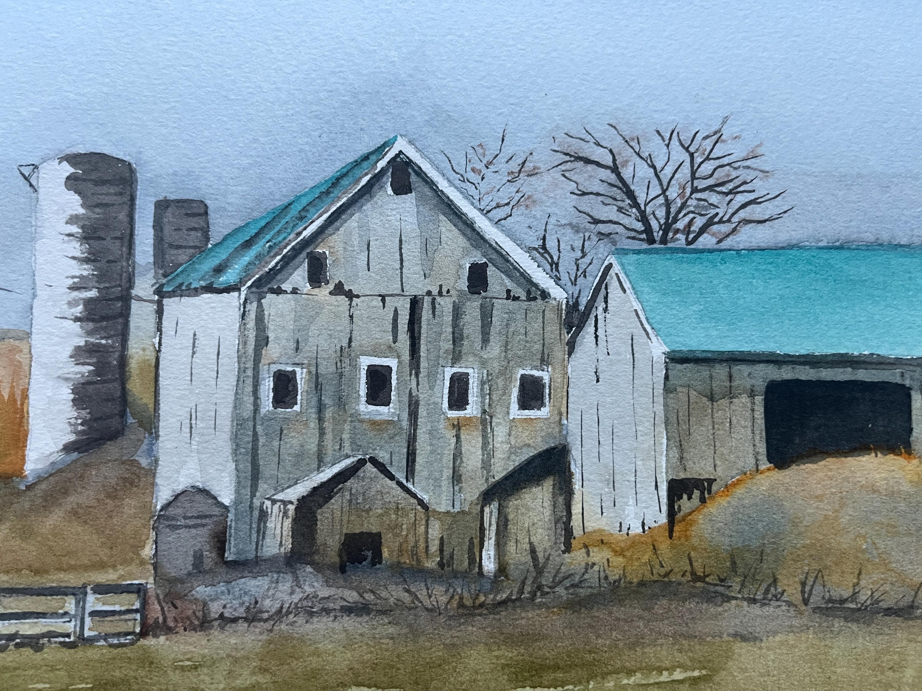 Rustic Barn Watercolor Painting, Farm Landscape Watercolor Painting ...