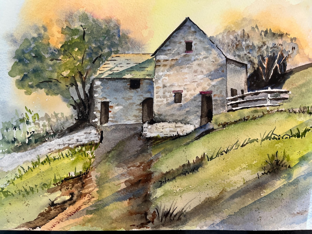 Rustic Countryside Watercolor Painting – Stone Cottage Landscape Art ...
