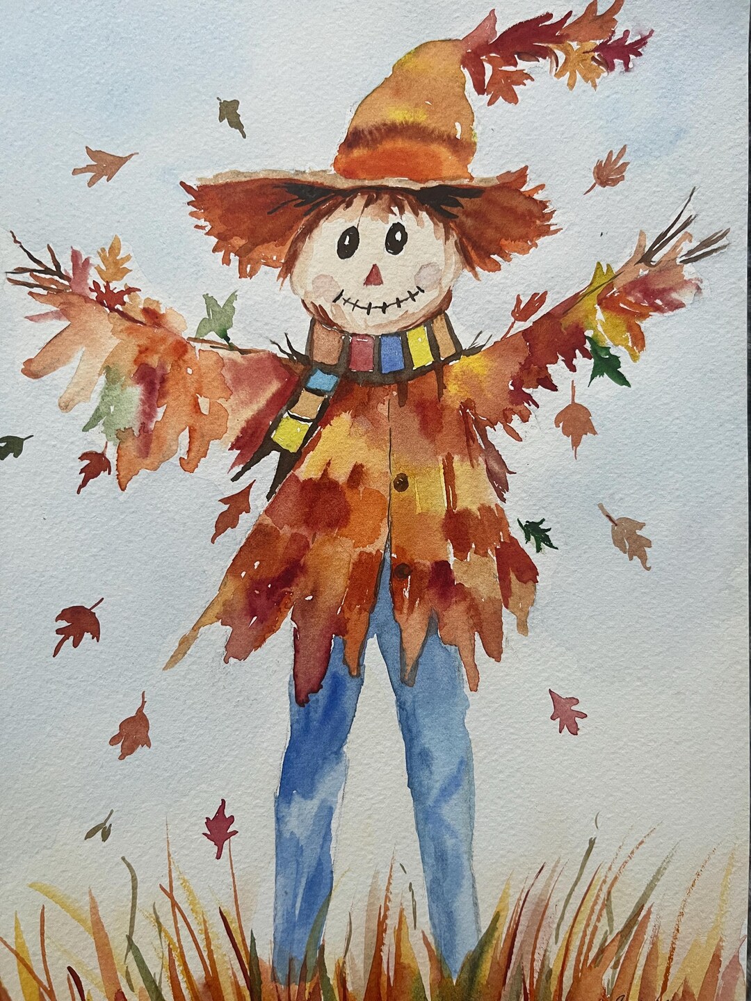 Fall Scarecrow Watercolor Wall Art, Whimsical Autumn Scarecrow Painting ...