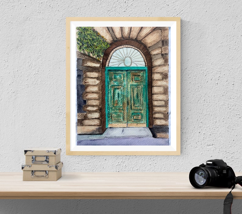 Watercolor Painting of Ancient Green Door, Weathered Green Door Wall ...