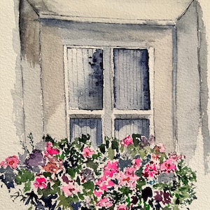 Watercolor Art of Window With Flowers, Watercolor Window Box With ...