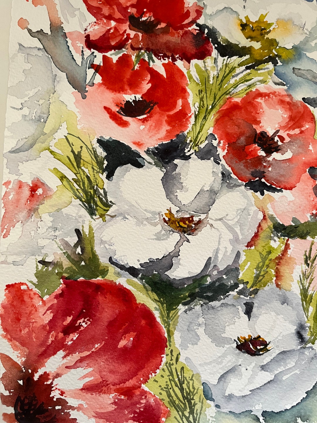Red and White Poppy Wall Art, Watercolor Poppy Wall Decor, Poppy ...