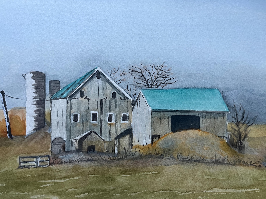 Rustic Barn Watercolor Painting, Farm Landscape Watercolor Painting ...