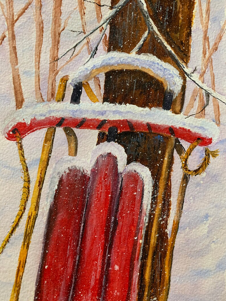 Original Watercolor Vintage Sled Painting, Holiday Watercolor Sled ...