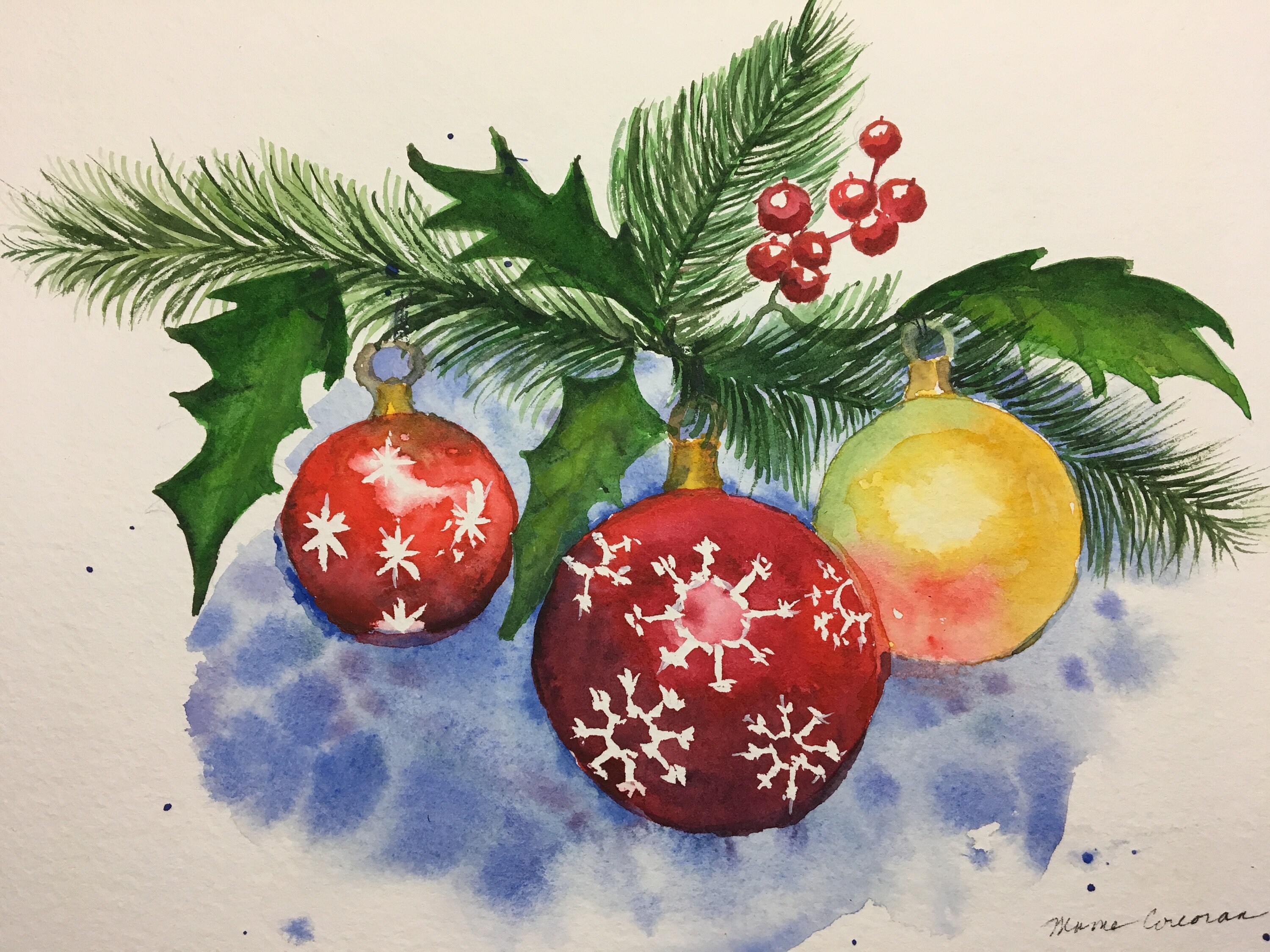 Christmas Watercolor Painting Christmas Ornaments and Holly - Etsy