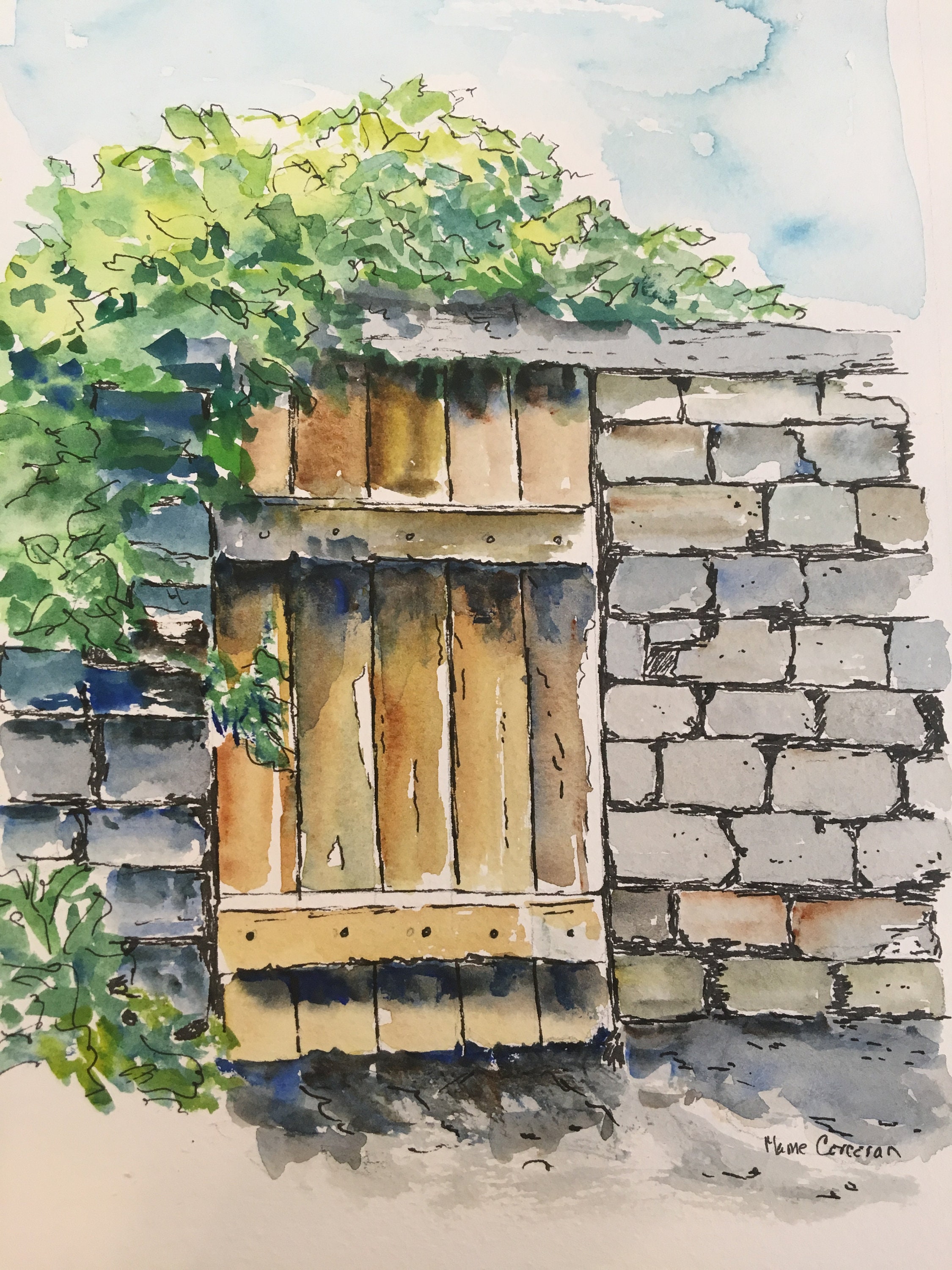 Stone Wall Painting Watercolor and Ink Painting Small - Etsy