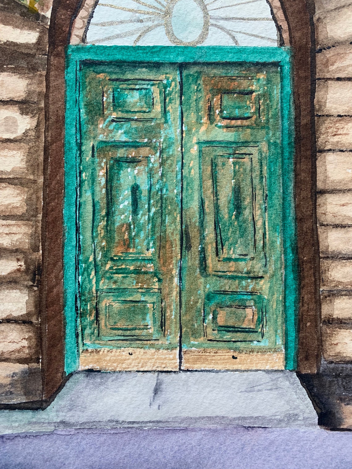 Watercolor Painting of Ancient Green Door, Weathered Green Door Wall ...