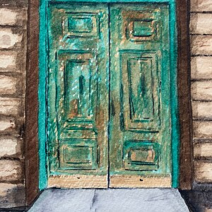 Watercolor Painting of Ancient Green Door, Weathered Green Door Wall ...