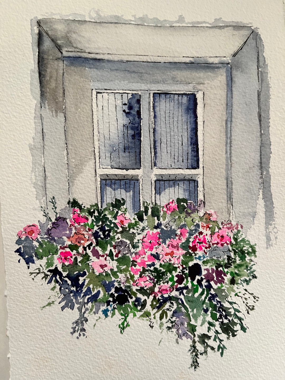Watercolor Art of Window With Flowers, Watercolor Window Box With ...