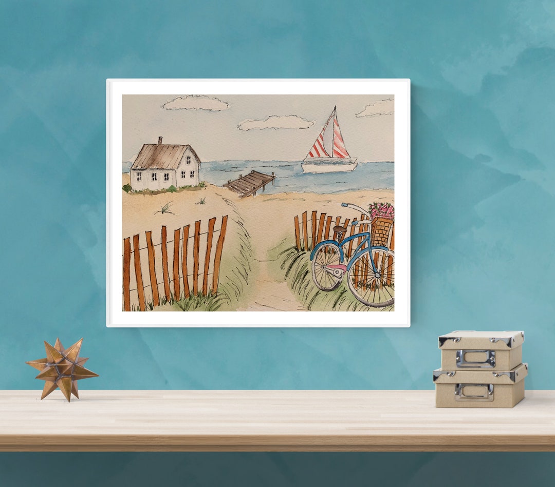 Pen and Ink Beach Scene, Watercolor Beach Wall Art, Pen and Wash Beach ...
