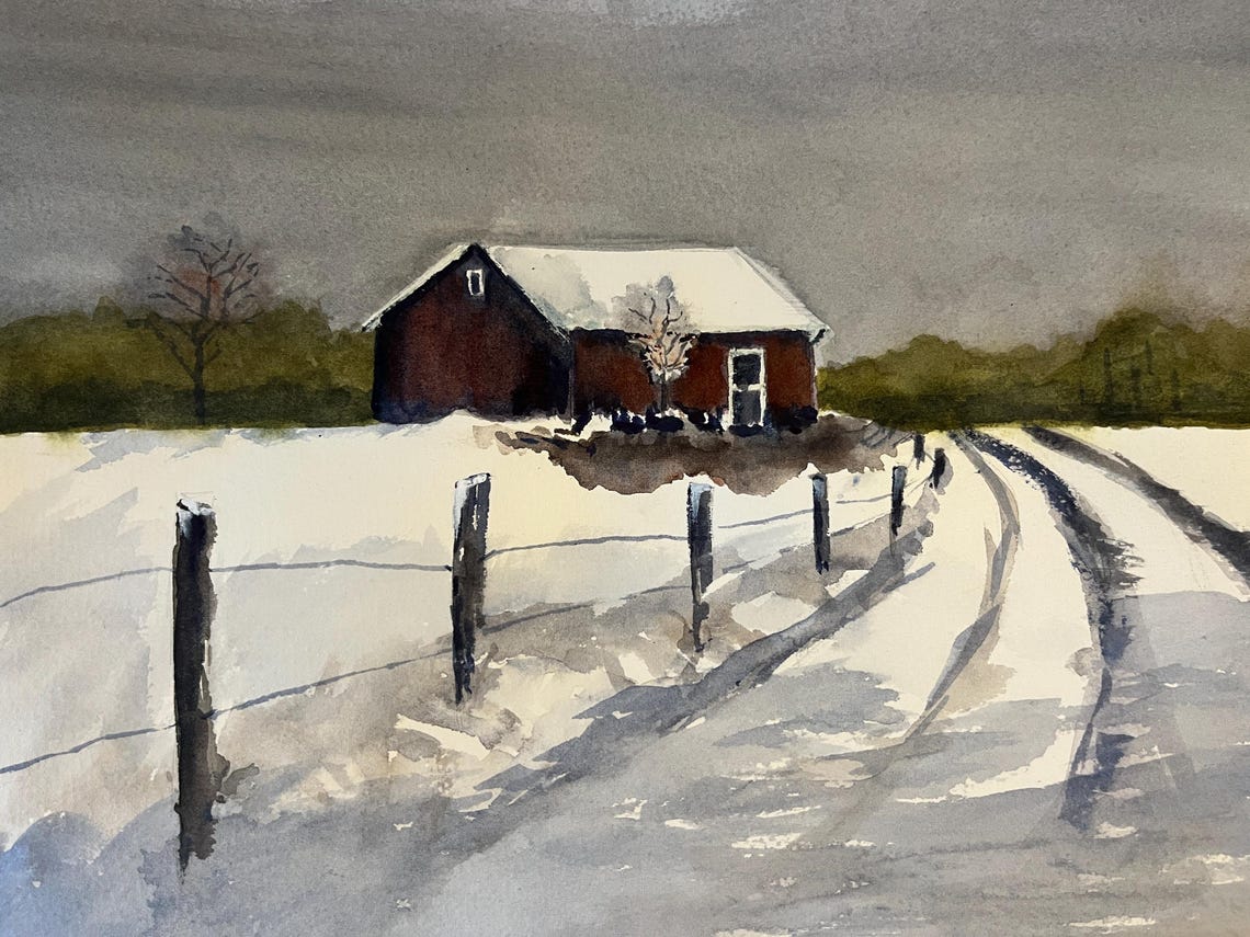 Rural Winter Farm Scene, Winter Watercolor Road to the Farm, Winter ...