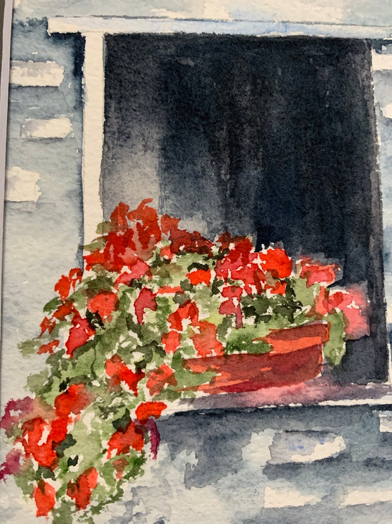 WINDOW BOX With FLOWERS Greeting Card, Flowers in the Window Art Card ...