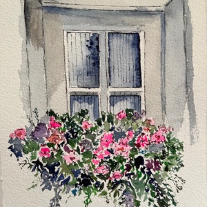 Watercolor Art of Window With Flowers, Watercolor Window Box With ...