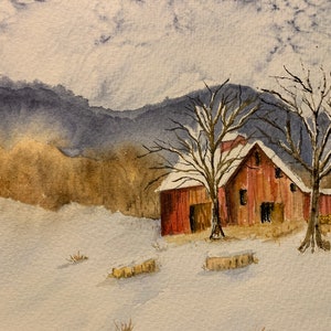 Winter Barn Watercolor Art, Winter Landscape Wall Art, Hand Painted Red ...