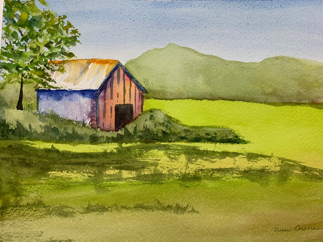 Watercolor Barn Scene, Summer Barn Watercolor Wall Art, Barn Watercolor ...