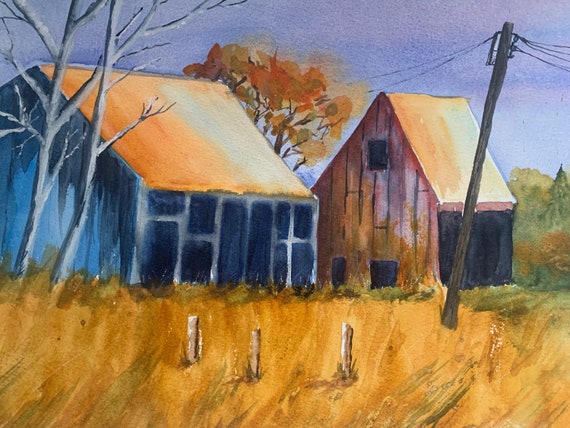Watercolor Barn Scene Original Fall Farm Landscape Watercolor Painting ...