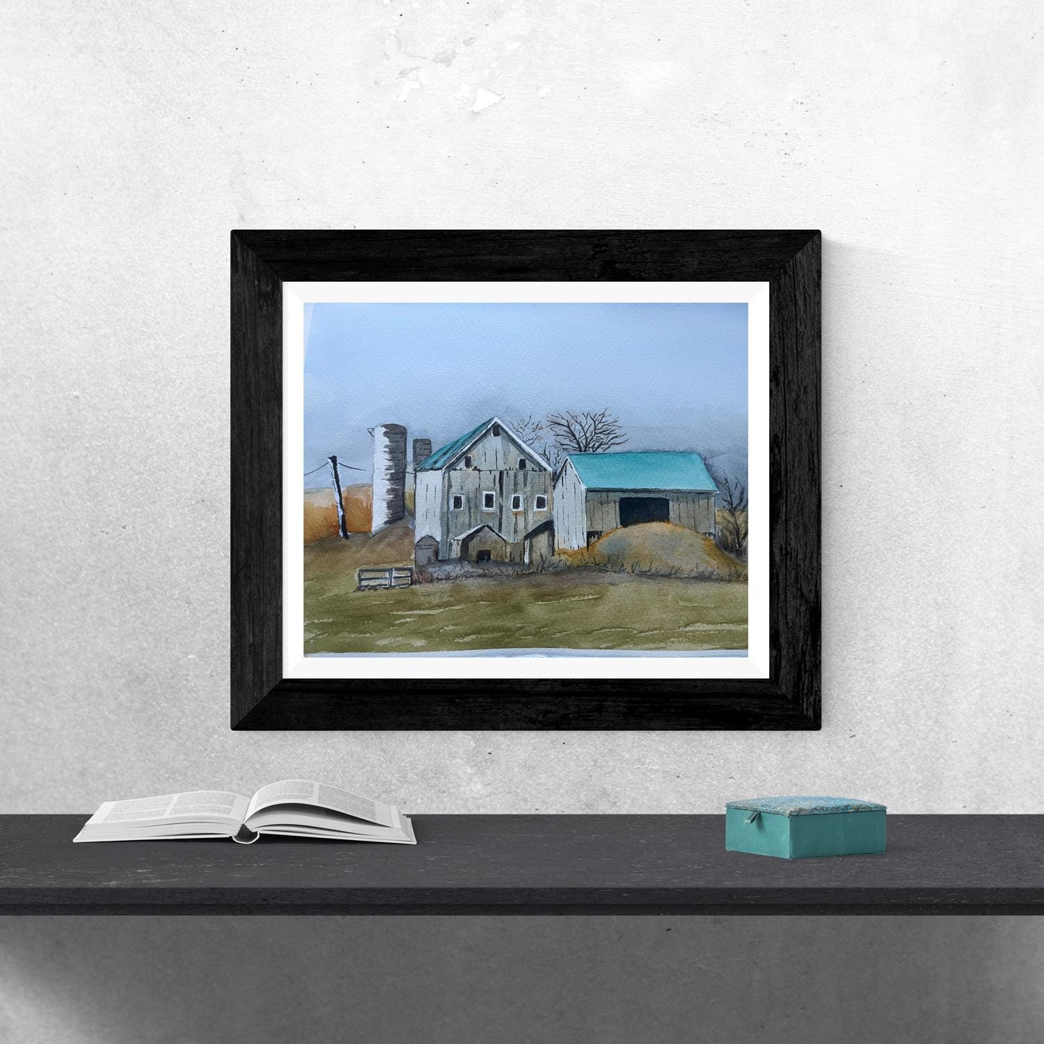 Rustic Barn Watercolor Painting, Farm Landscape Watercolor Painting ...