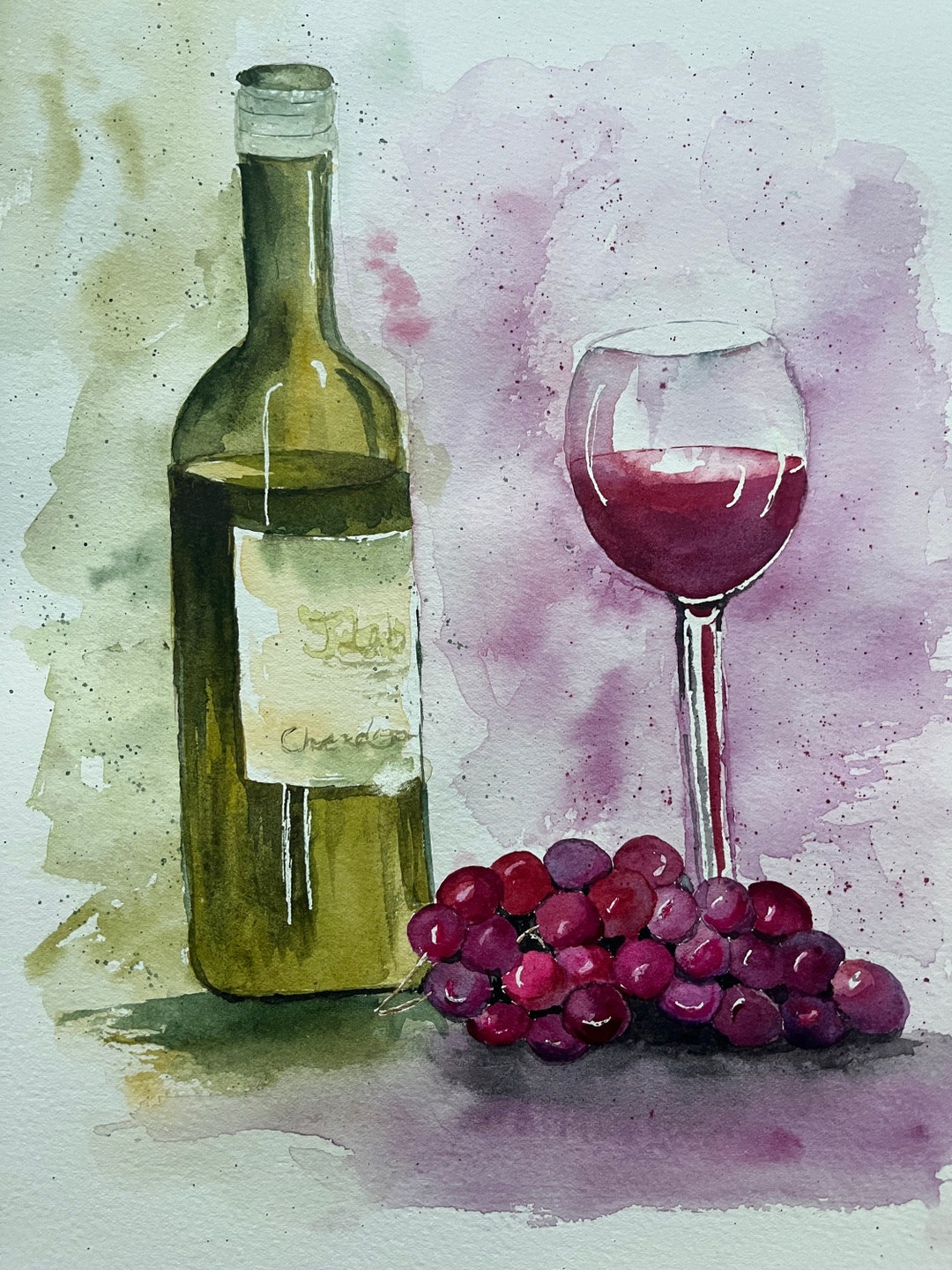 Original Red Wine Watercolor Wall Art, Hand Painted Red Wine Still Life ...